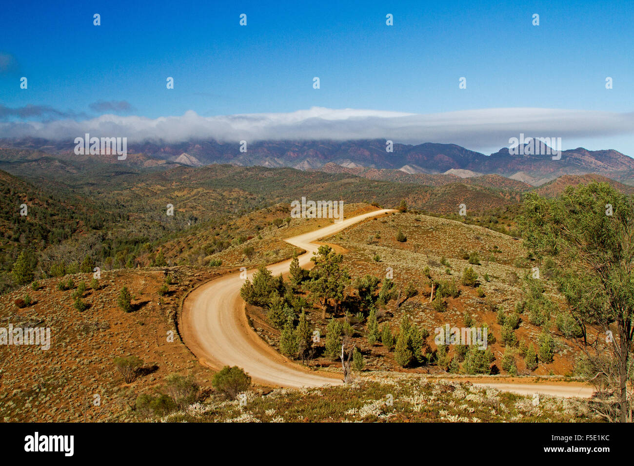 Winding ridgeback road through rugged landscape of Flinders Ranges ...