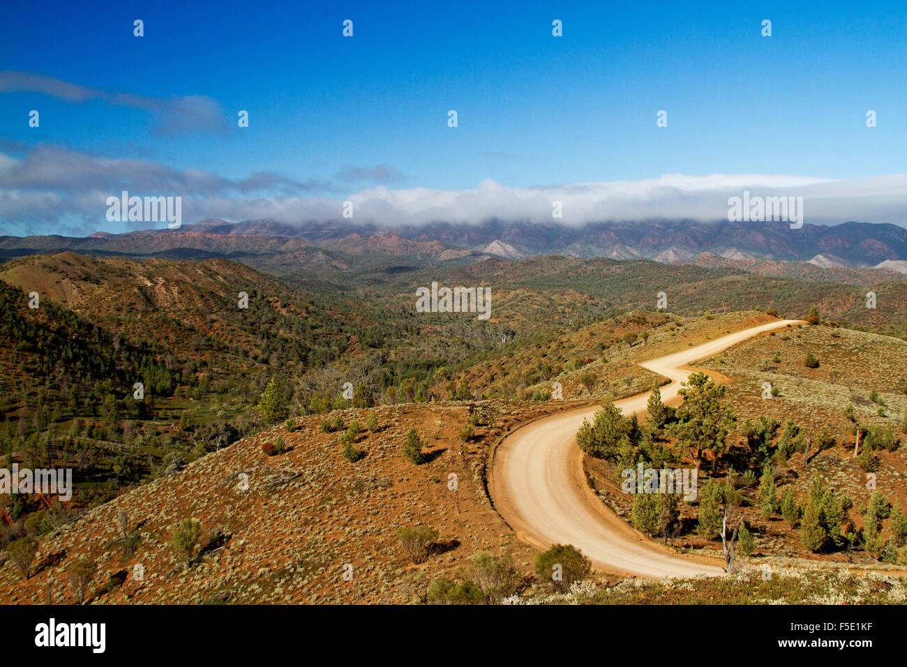 Winding ridgeback road through rugged landscape of Flinders Ranges ...