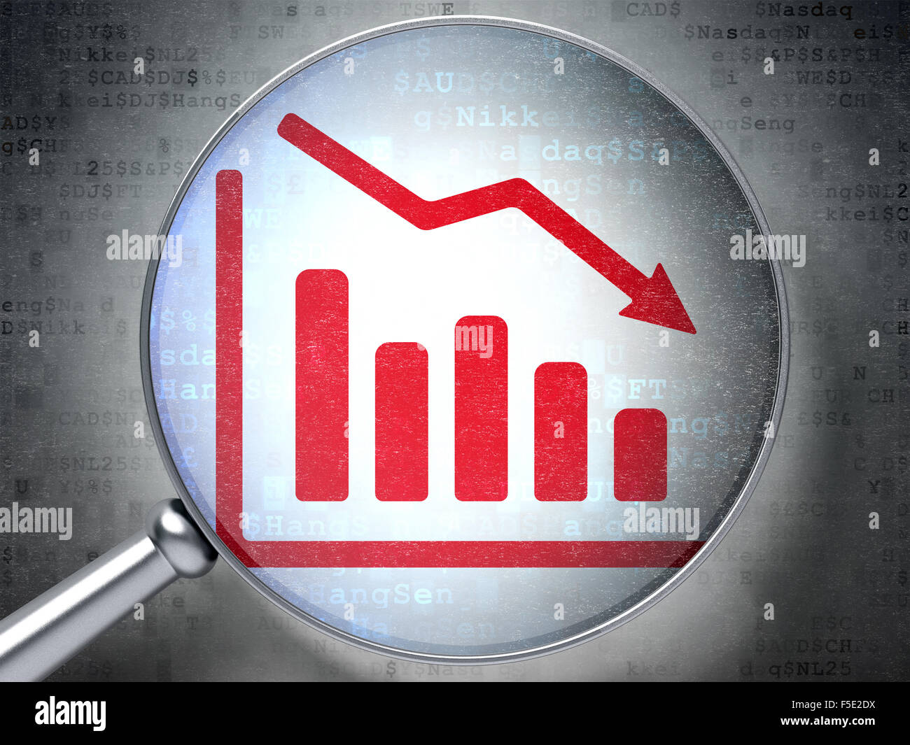 Business concept: Decline Graph with optical glass on digital ...