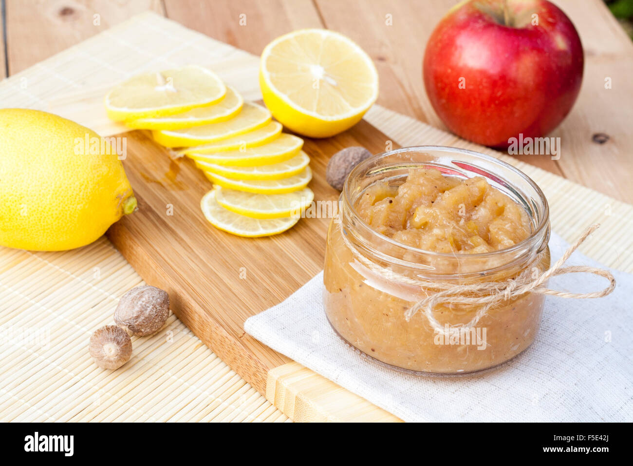 Homemade apple and lemon jam with ginger and nutmeg, closeup, selective ...