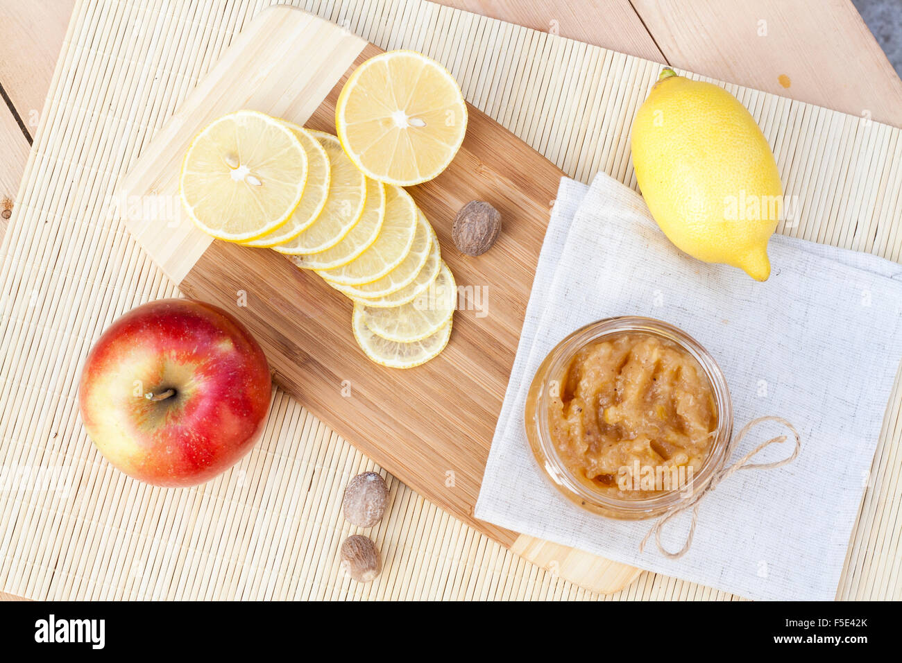 Homemade apple and lemon jam with ginger and nutmeg, closeup, selective ...