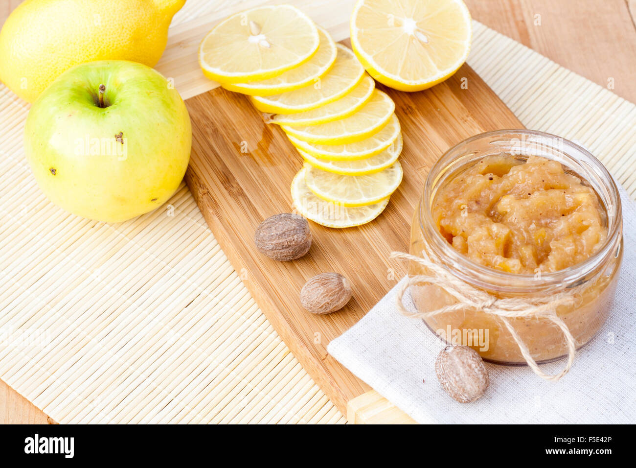 Homemade apple and lemon jam with ginger and nutmeg, closeup, selective ...