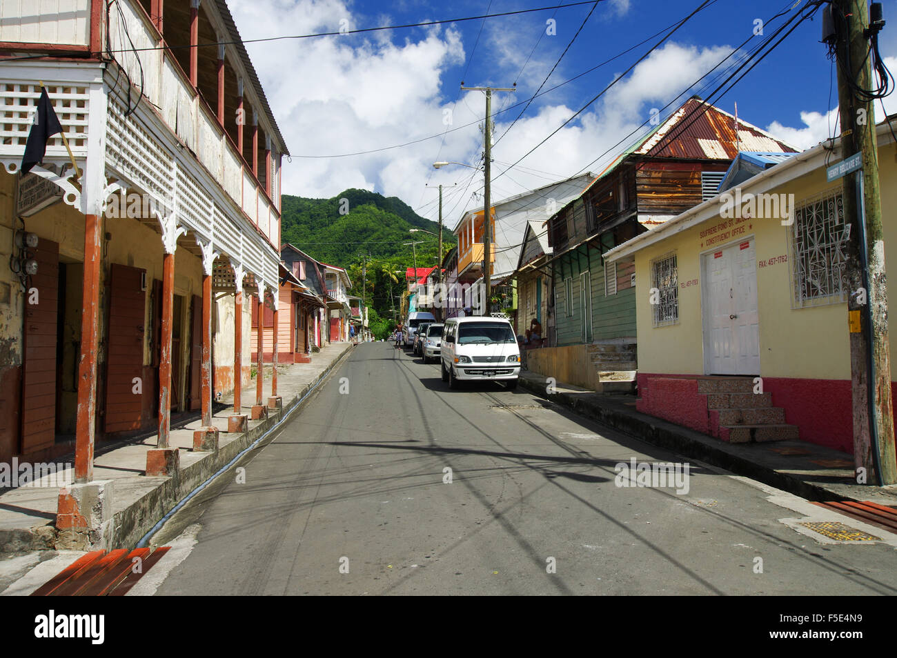 Colorful architecture of the town of Soufrière, Saint Lucia Stock Photo ...