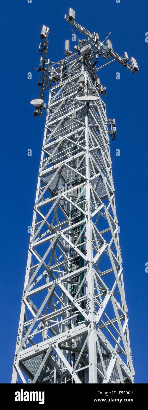 Bottom view of a communications tower with blue sky in the background ...