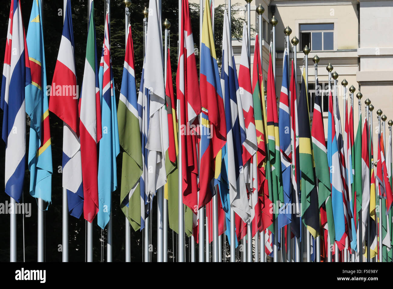 The flag lined approach to the entrance to the United Nations ...