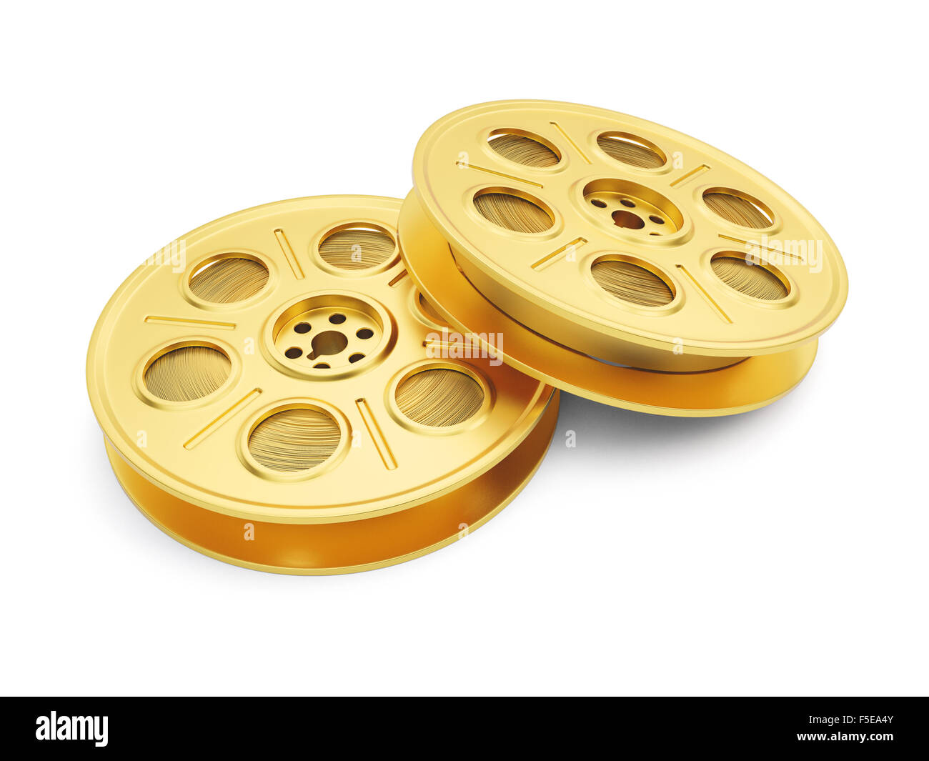 3d illustration of golden film reels isolated on white background Stock ...