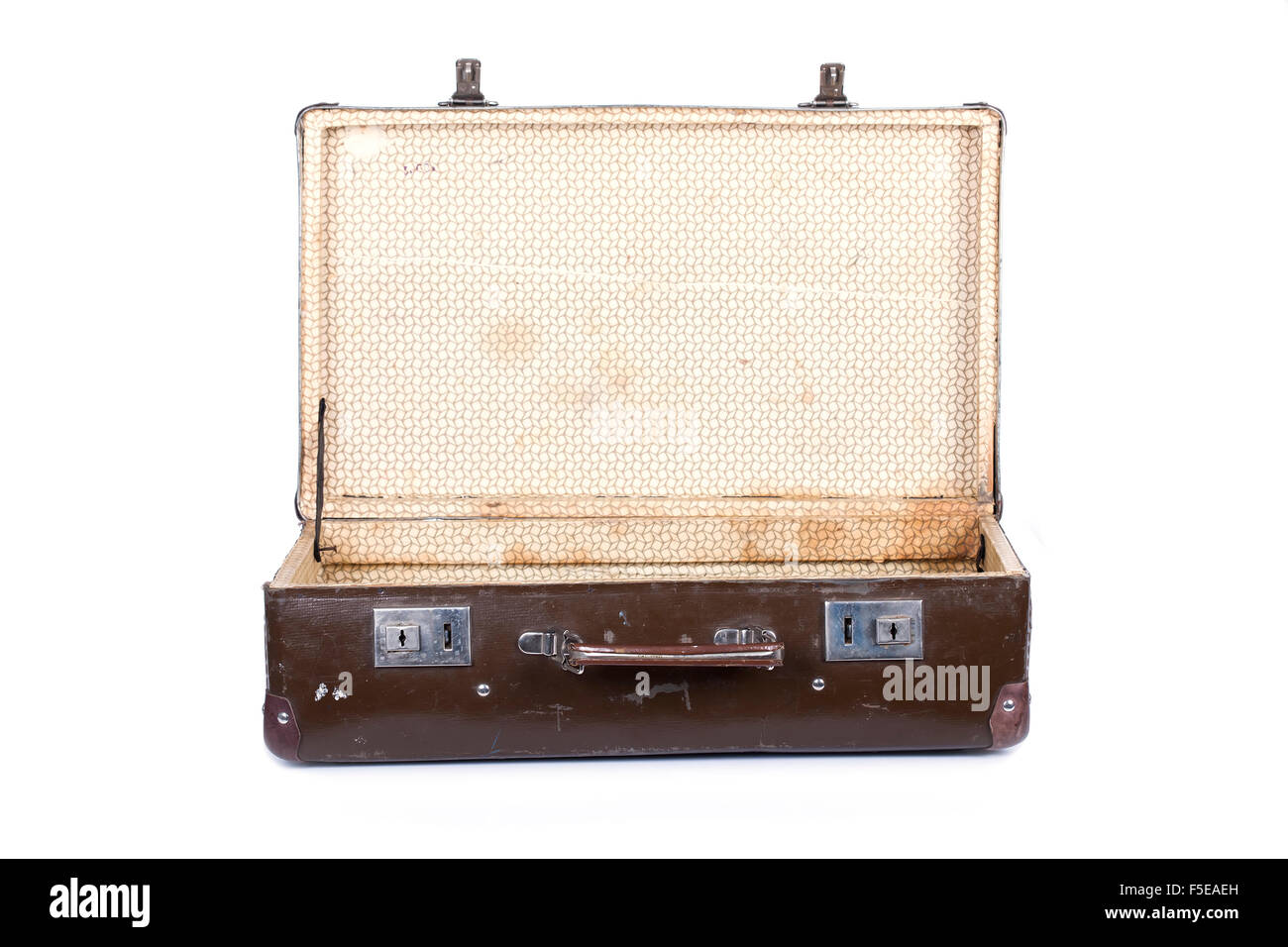 Old retro open suitcase isolated on white background Stock Photo - Alamy