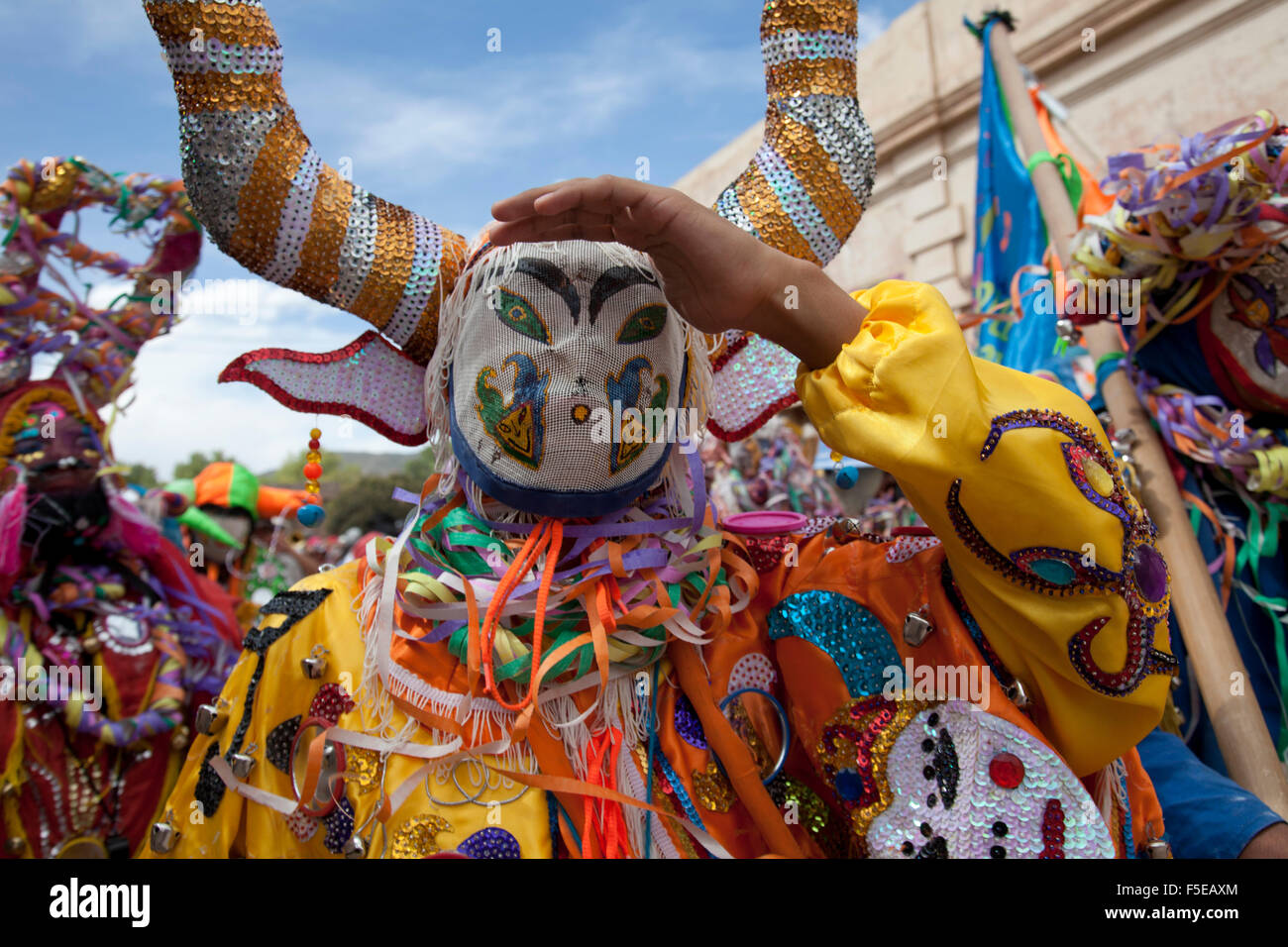 Revellers in costumes and masks at Humahuaca carnival in Jujuy province ...