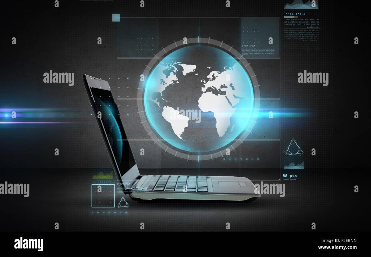 open laptop computer with globe projection Stock Photo - Alamy