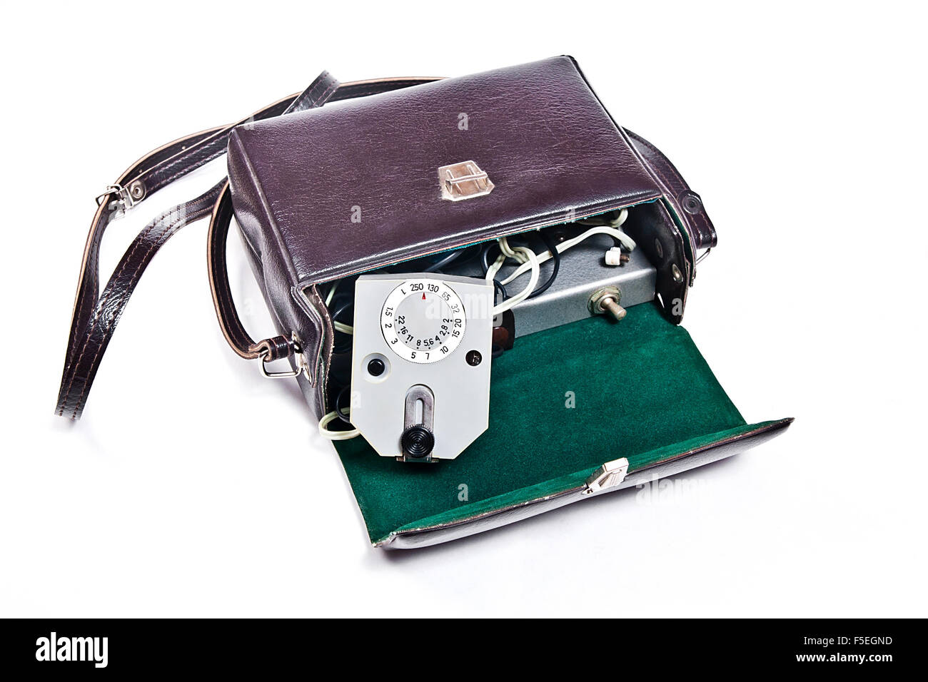 Old camera flash with a brown leather case isolated on a white ...