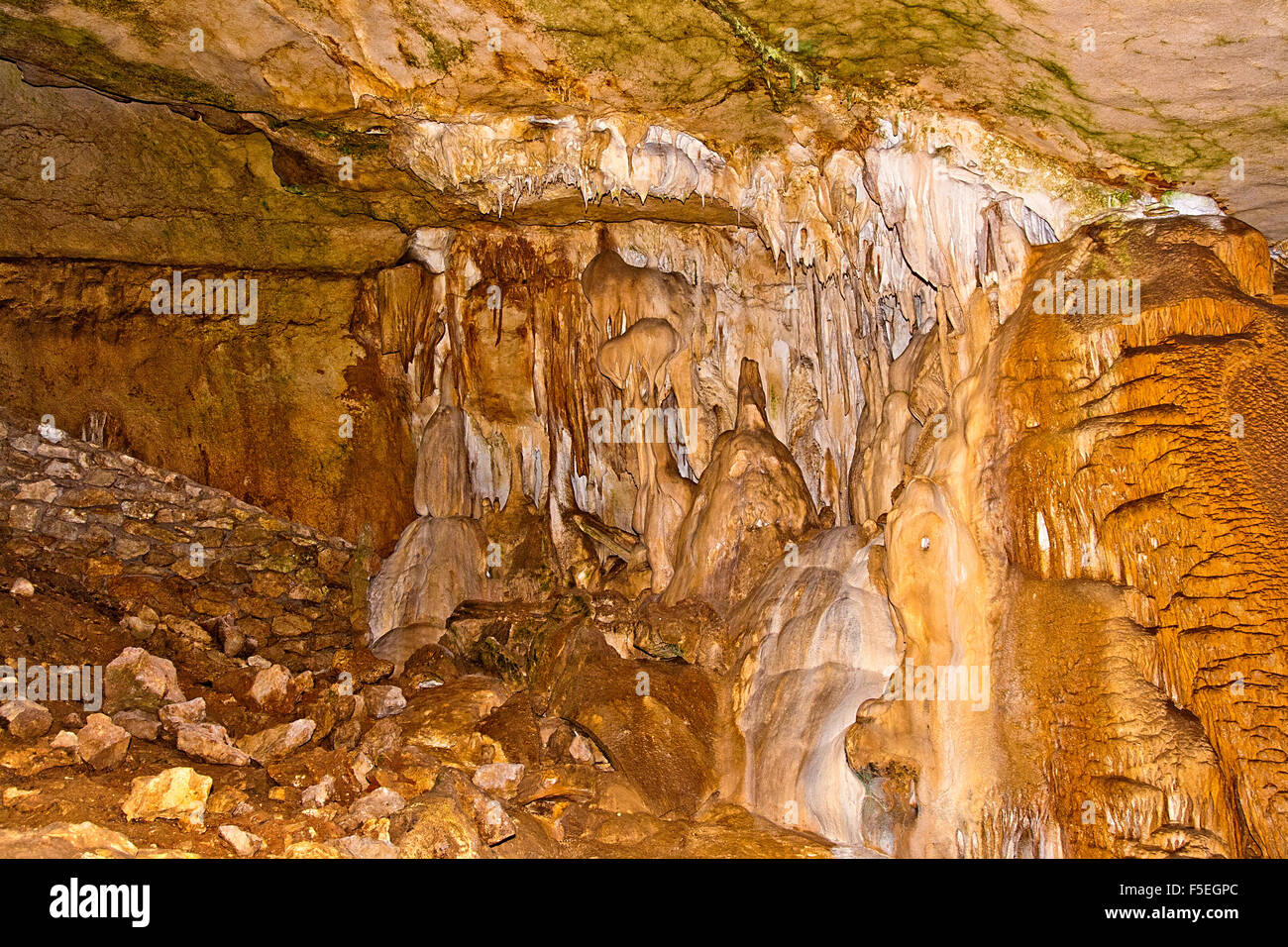 Inside view of an underground cavern or cave with stalagmites and ...