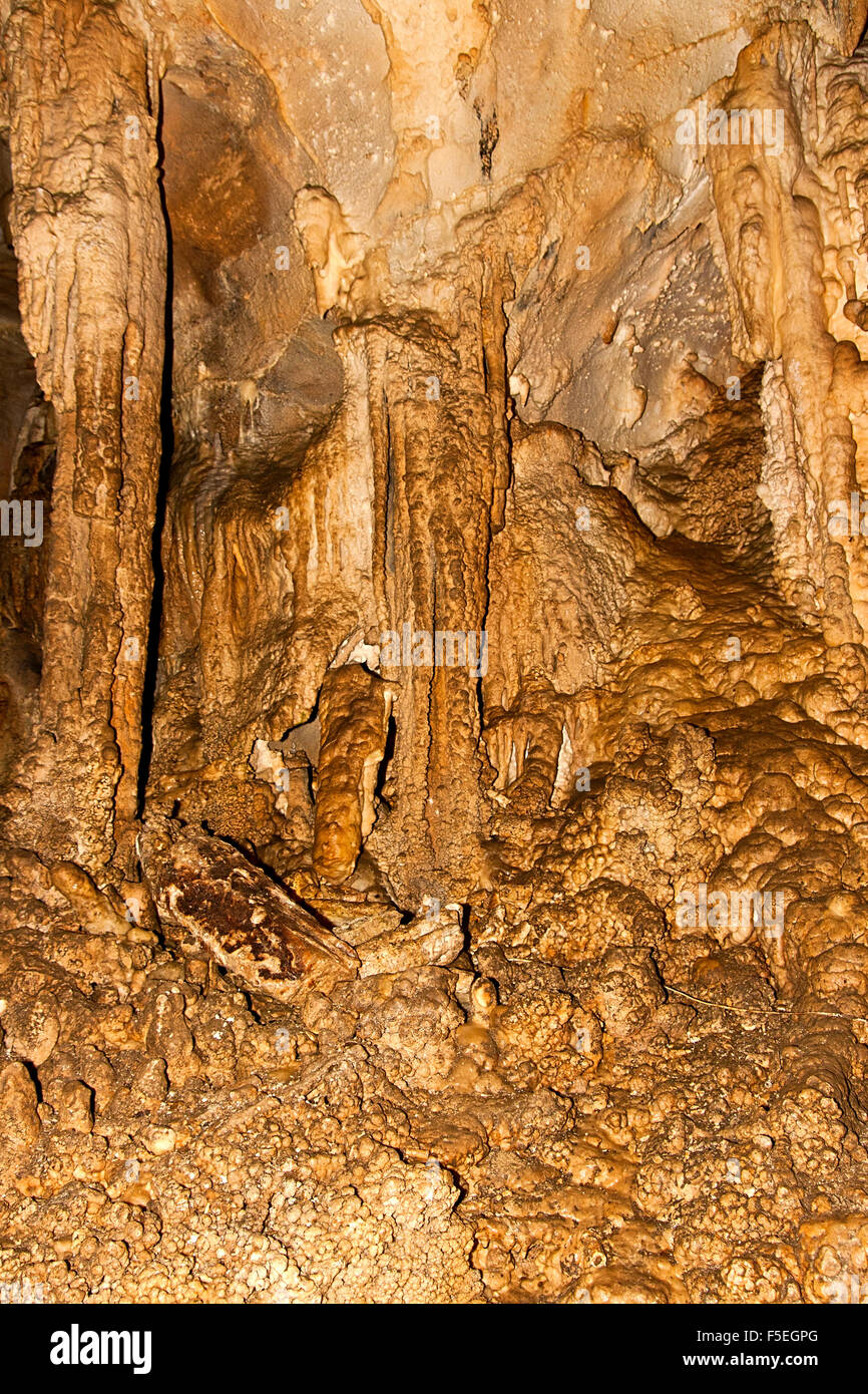 Inside view of an underground cavern or cave with stalagmites and ...