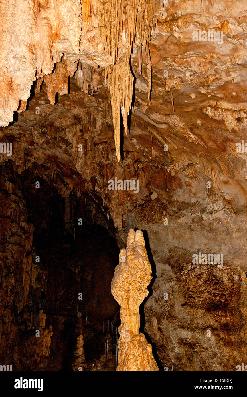 Inside view of an underground cavern or cave with stalagmites and ...