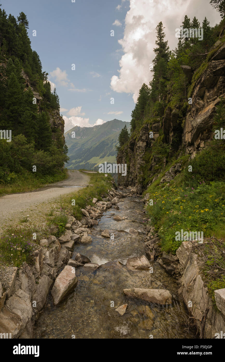 River running beside a path, going through Austrian mountains into the ...