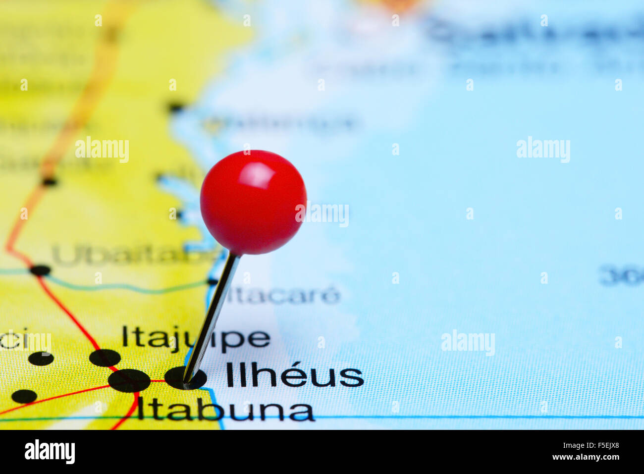Ilheus pinned on a map of Brazil Stock Photo - Alamy