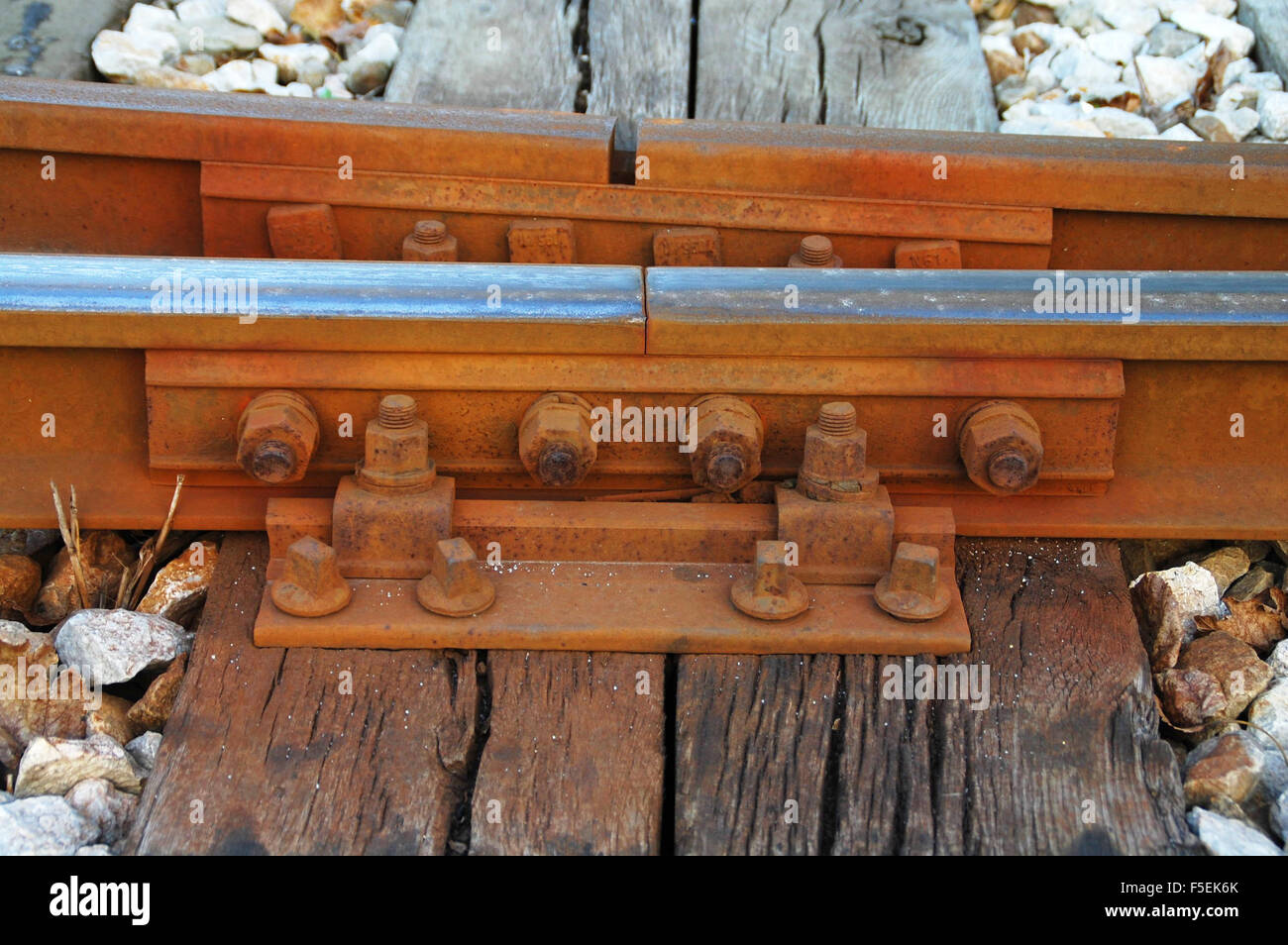Jointed rails on a railway line. The way to connect two rails on the ...