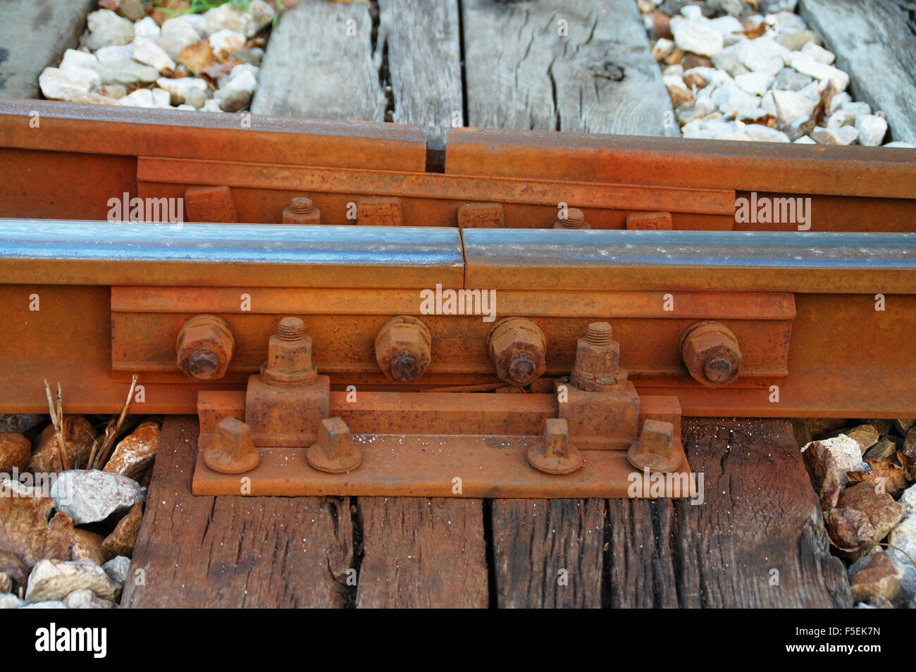 Jointed rails on a railway line. The way to connect two rails on the ...