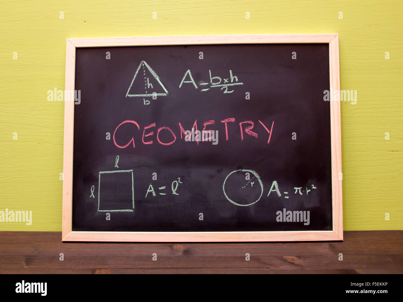 Blackboard with geometry lesson on green wall Stock Photo - Alamy