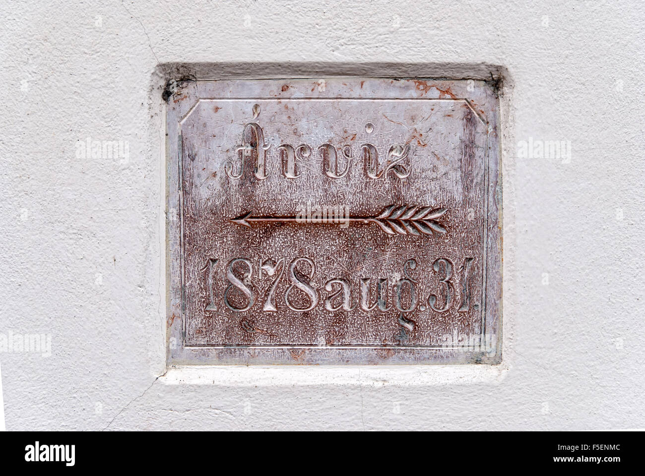 Sign on the wall warning about the level of floods in 1878. Eger ...