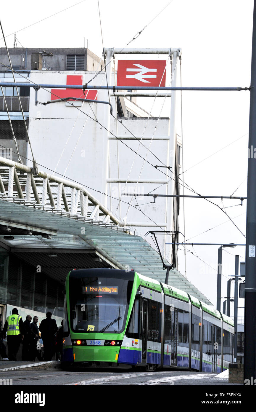 Trams outside East Croydon Railway station public transport Surrey UK ...