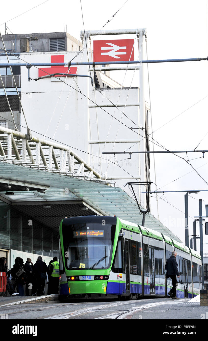 Trams outside East Croydon Railway station public transport Surrey UK ...