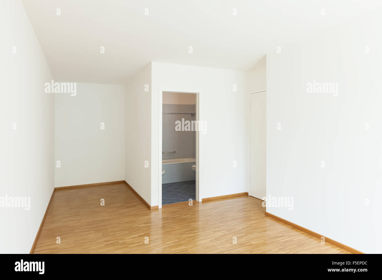 interior of an apartment, empty room with bathroom, parquet floor Stock ...