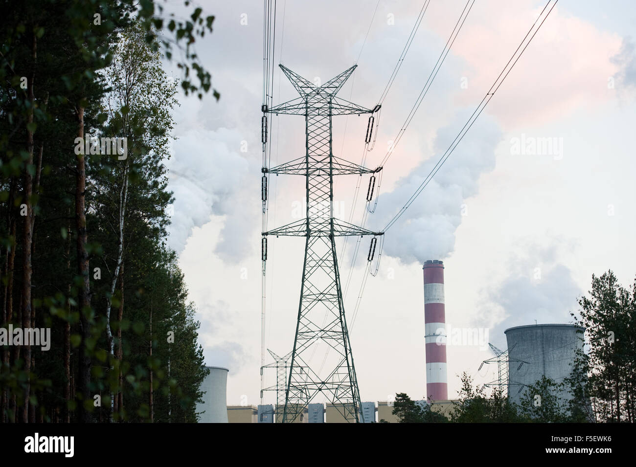 Electricity pylon of coal fired power plant Stock Photo - Alamy