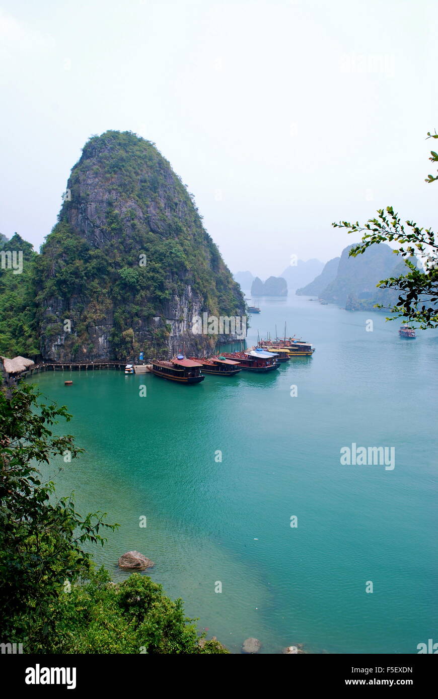 Tourist junks floating among limestone rocks at Ha Long Bay, South ...