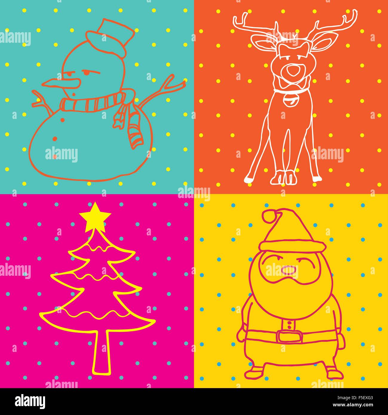 Pop Art Merry Christmas elements outline Christmas tree, Santa Claus ...