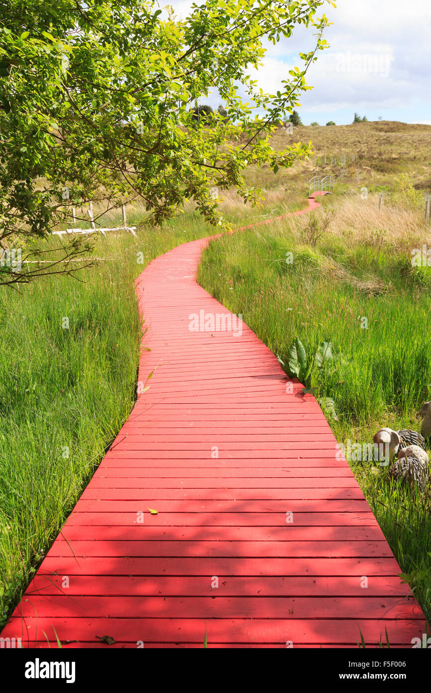 Red wooden path in green field Stock Photo - Alamy