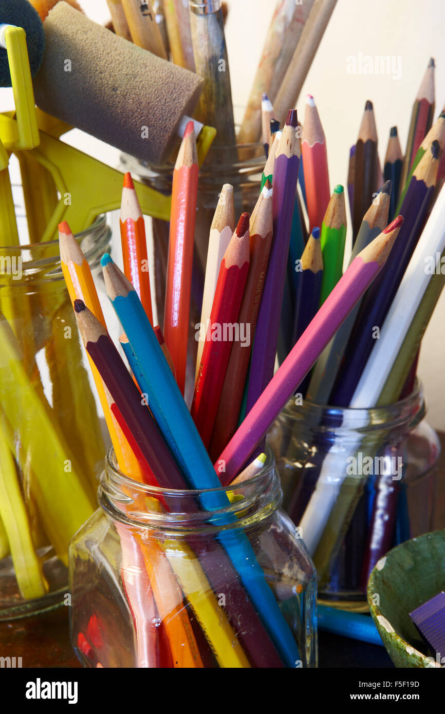 Group of school art craft tools multi colored vertical Stock Photo - Alamy