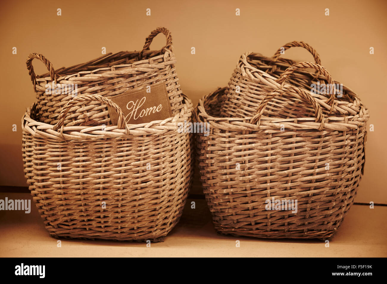 Group of empty wicker baskets house hold decorating equipment brown ...