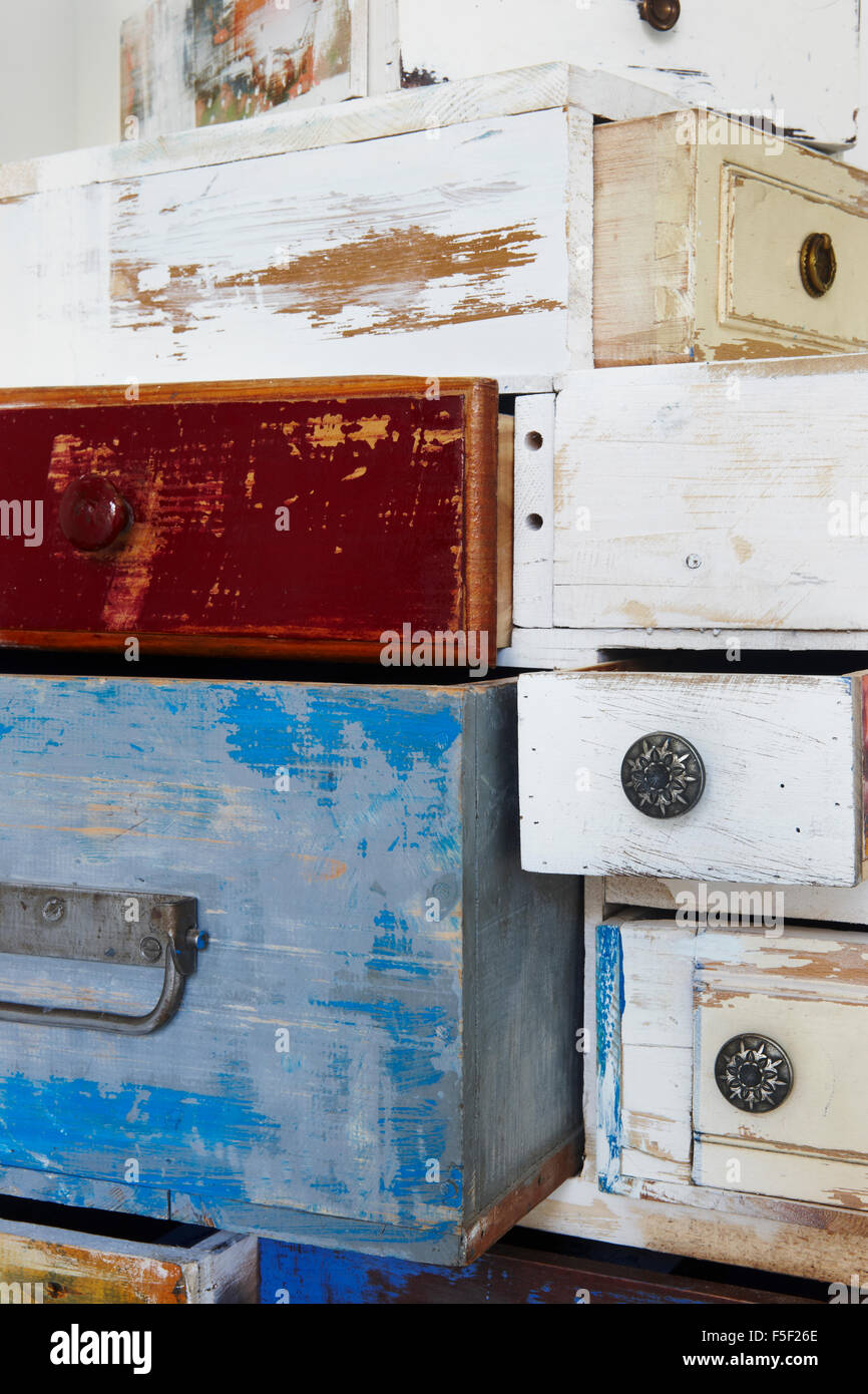 Abstract collage of different old painted wooden drawers vertical Stock ...