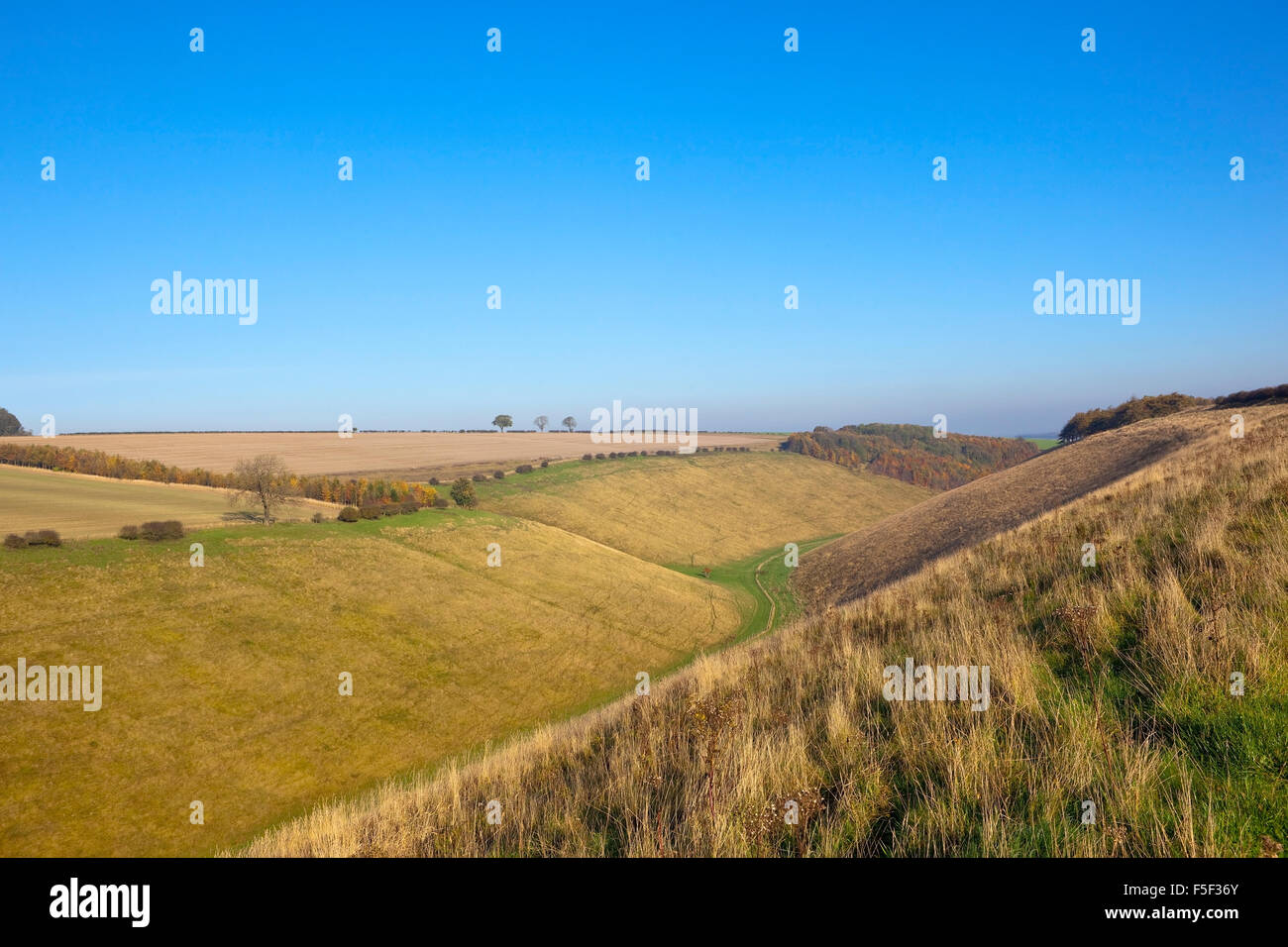 Blue sky over the dry grassy slopes of Horsedale on the Yorkshire wolds ...