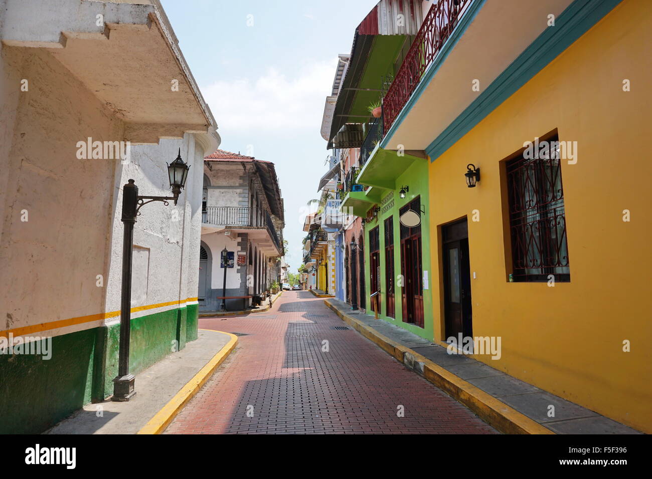 Narrow paved street of Casco Viejo, the historic district of Panama ...