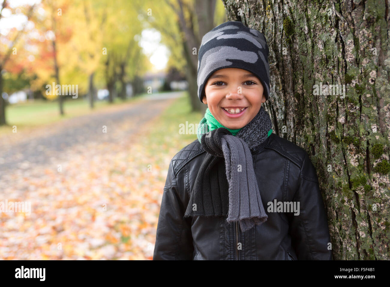 cute boy with autumn leaves in the park Stock Photo - Alamy