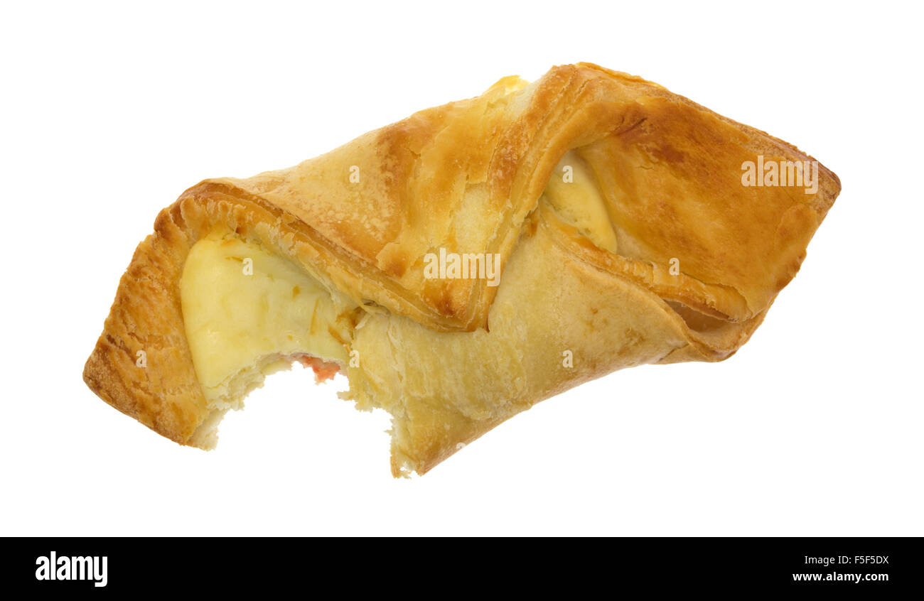Top view of a bitten homemade cheese danish pastry isolated on a white ...