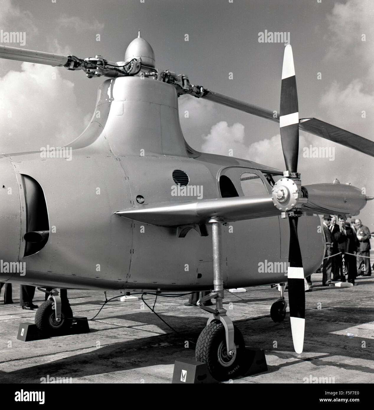 1950s historical, post-war and a side view of prototype of a helicopter ...