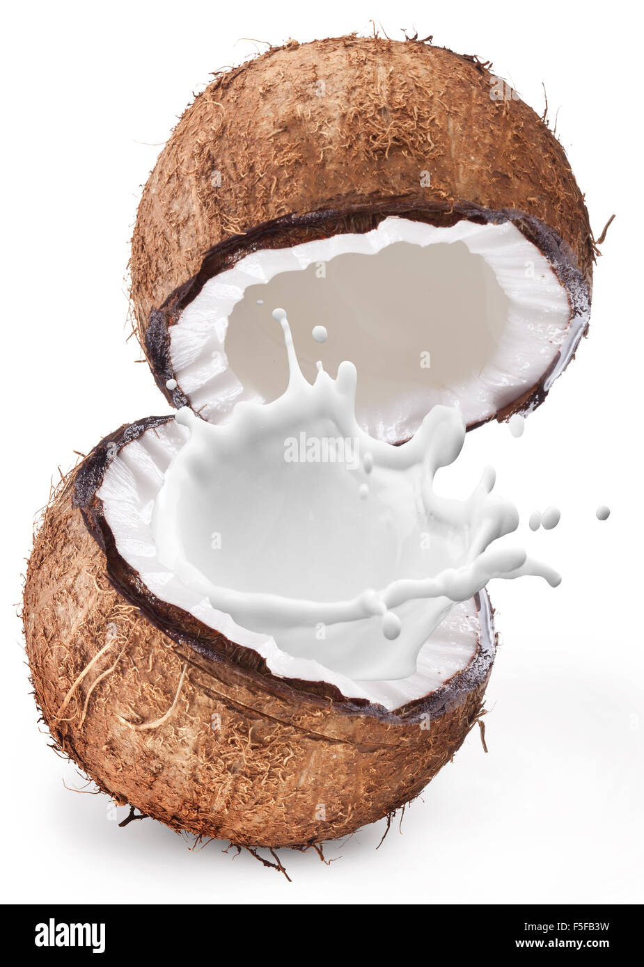 Coconut with milk splash inside it isolated on a white background Stock ...
