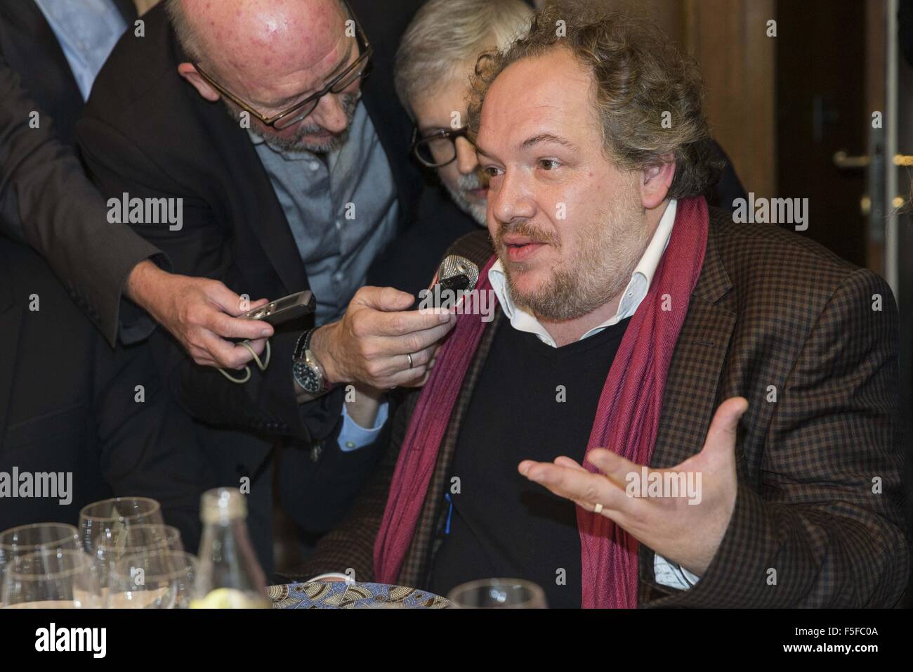 Paris, France. 3rd Nov, 2015. French writer Mathias Enard speaks to the ...