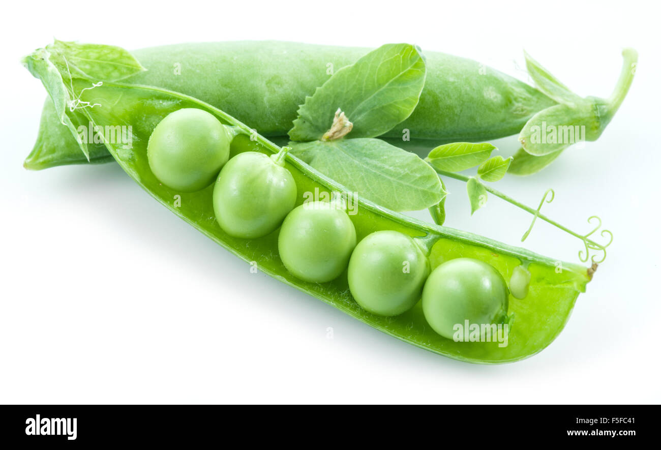 Open pea pod on a white background Stock Photo - Alamy