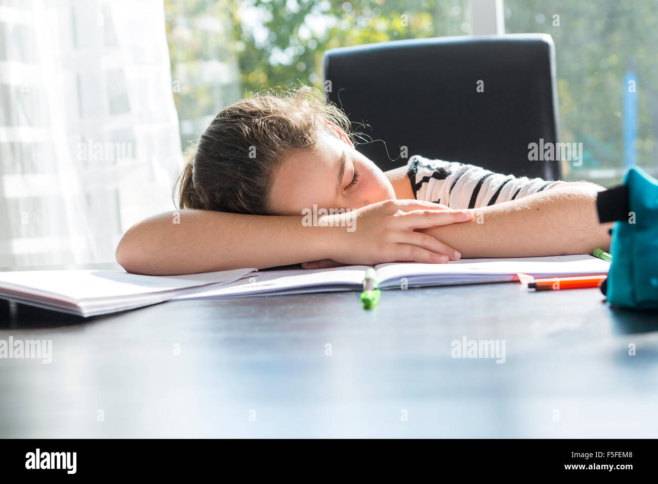 schoolgirl studying with books on the kitchen table Stock Photo - Alamy