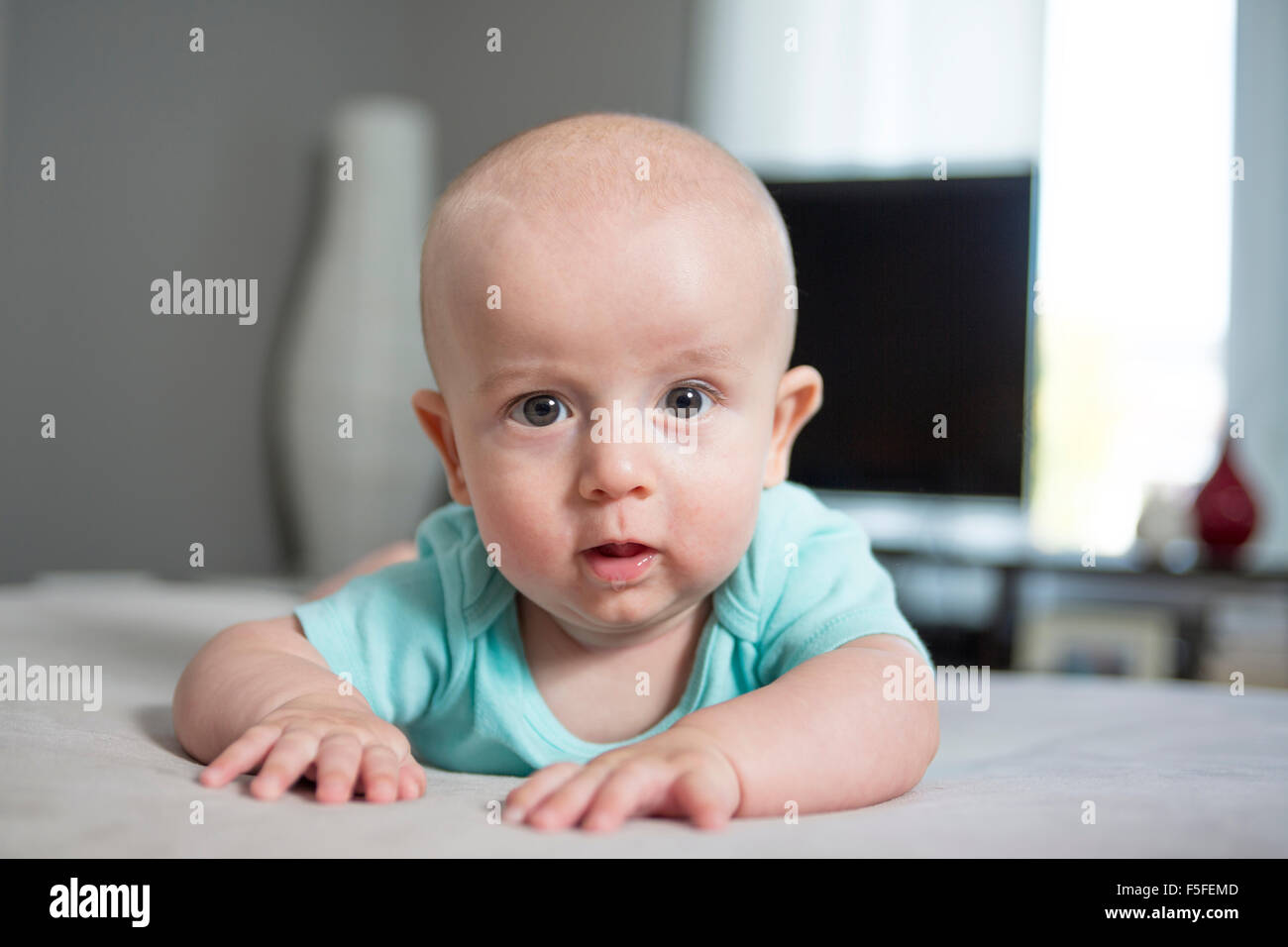 4 month old baby boy is laying on her tummy at home Stock Photo - Alamy