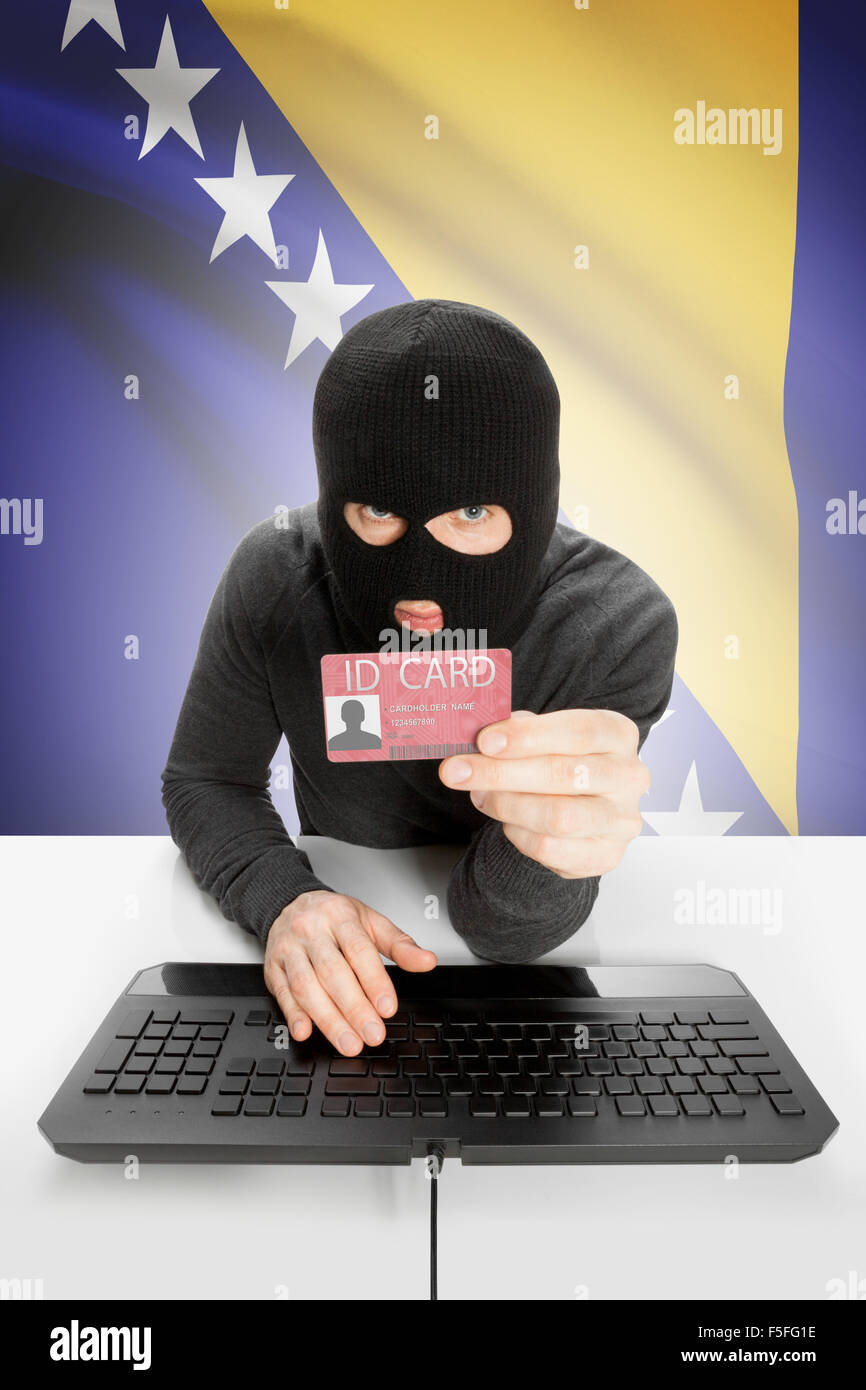Hacker with ID card in hand and flag on background - Bosnia and ...