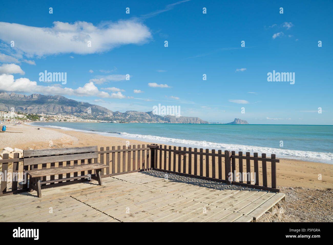 Scenic bench on Albir beach promenade, Costa Blanca, Spain Stock Photo ...