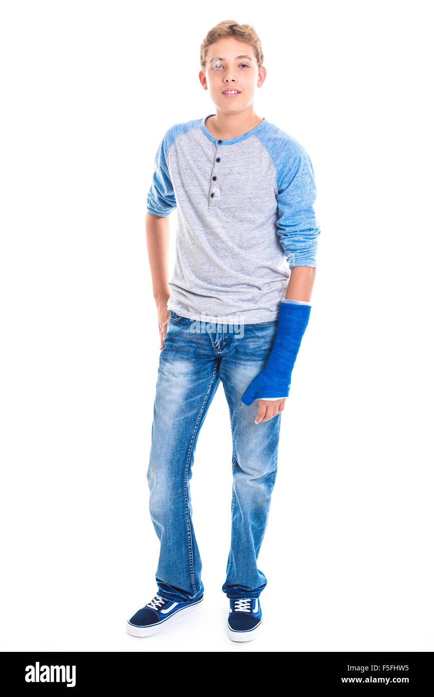 Blue cast on hand and arm isolated on white background Stock Photo - Alamy