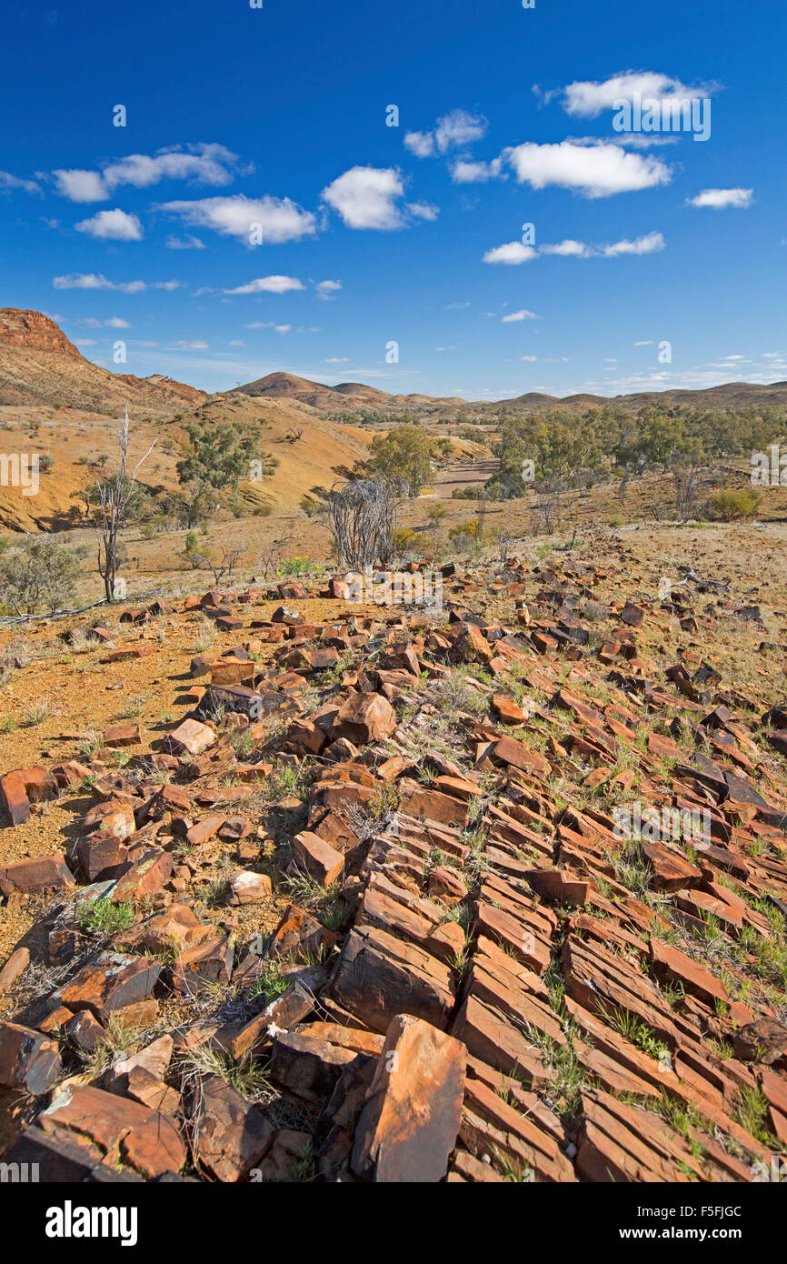 Spectacular outback landscape in Flinders Ranges with barren red stony ...