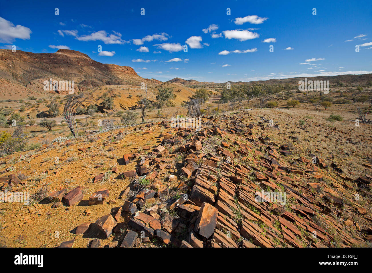 Spectacular outback landscape in Flinders Ranges with barren red stony ...