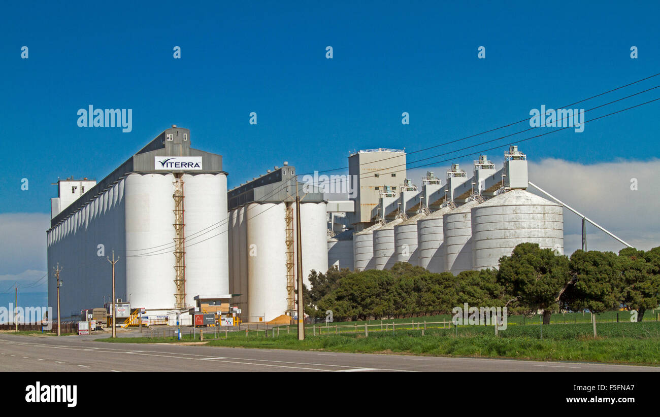 Panoramic view of huge white grain silos & storage complex at Port ...