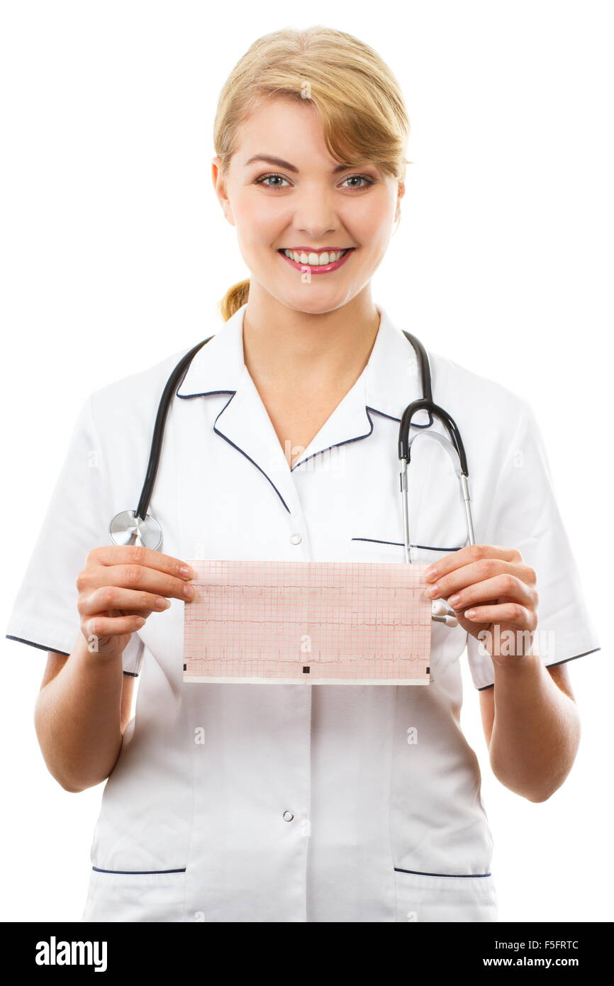 Smiling Woman Doctor Cardiologist In White Apron With Stethoscope